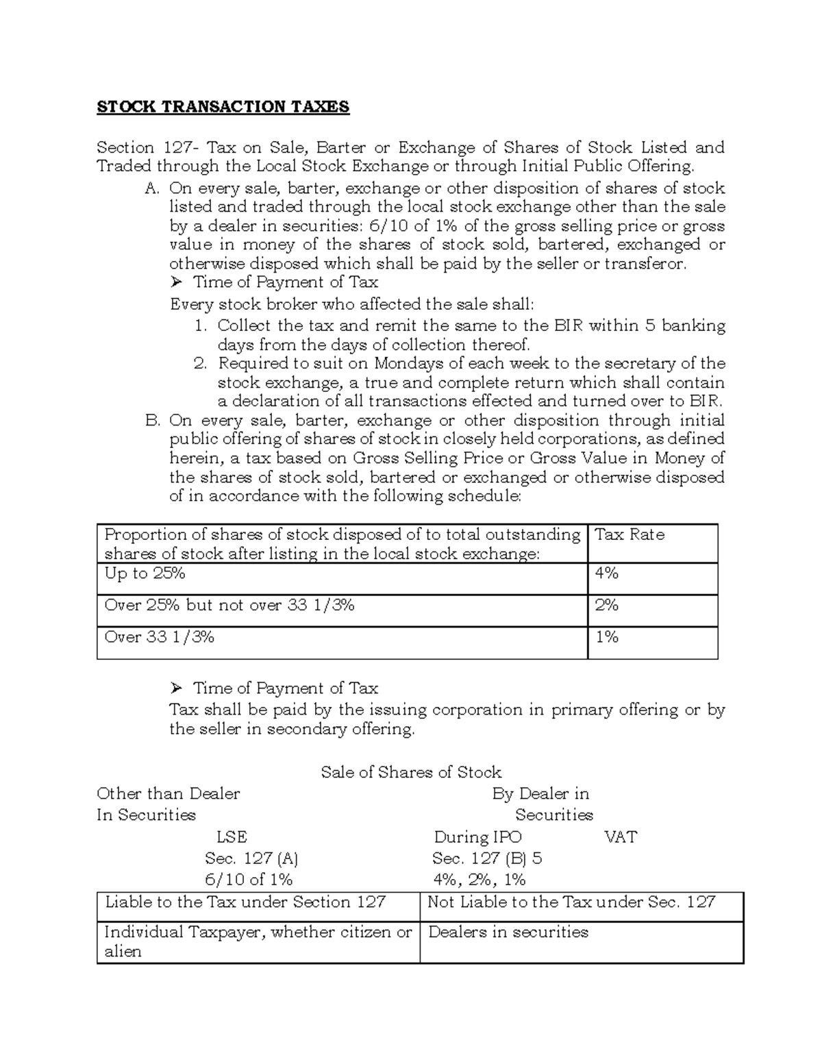 Stock Transaction Taxes - STOCK TRANSACTION TAXES Section 127- Tax on ...