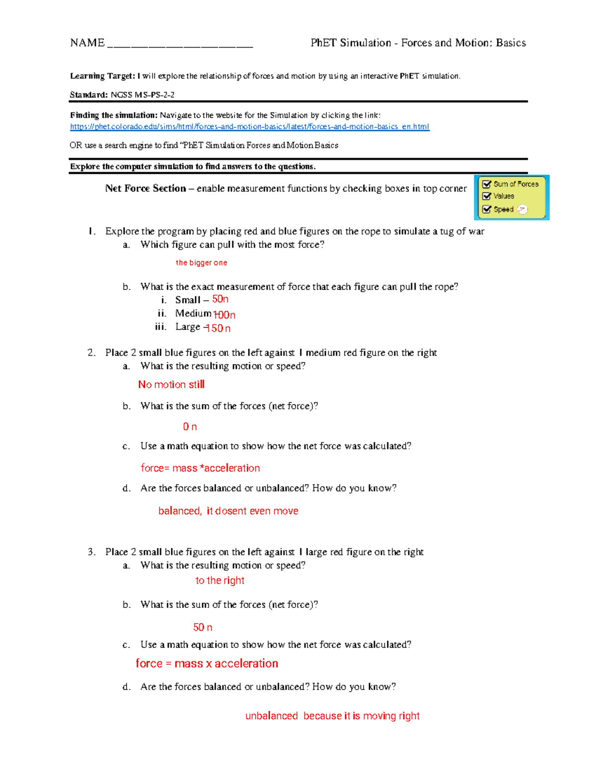 Balanced Unbalanced Net Forces Simulation - NAME ...
