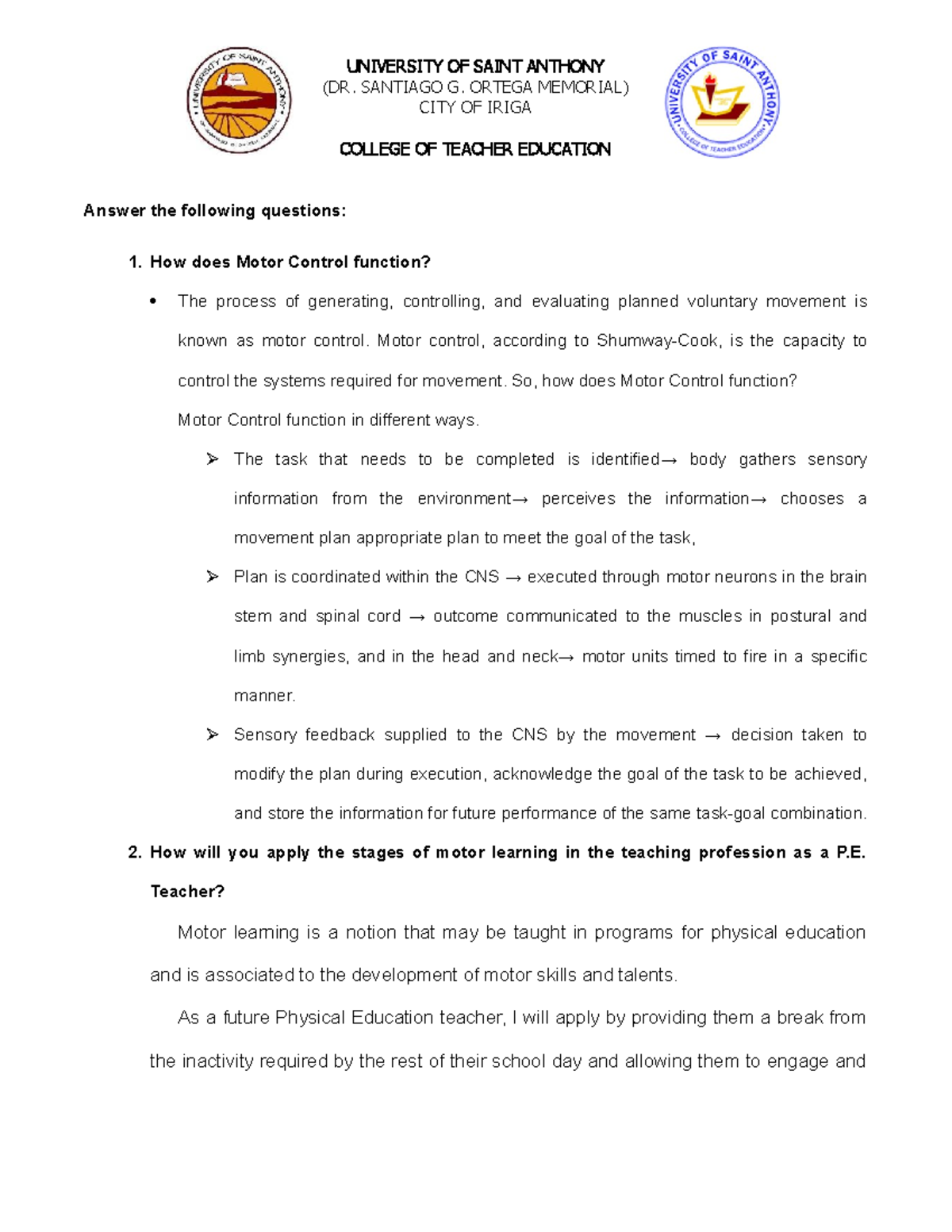 Header-FOR- Files - MOTOR Learning - UNIVERSITY OF SAINT ANTHONY (DR ...