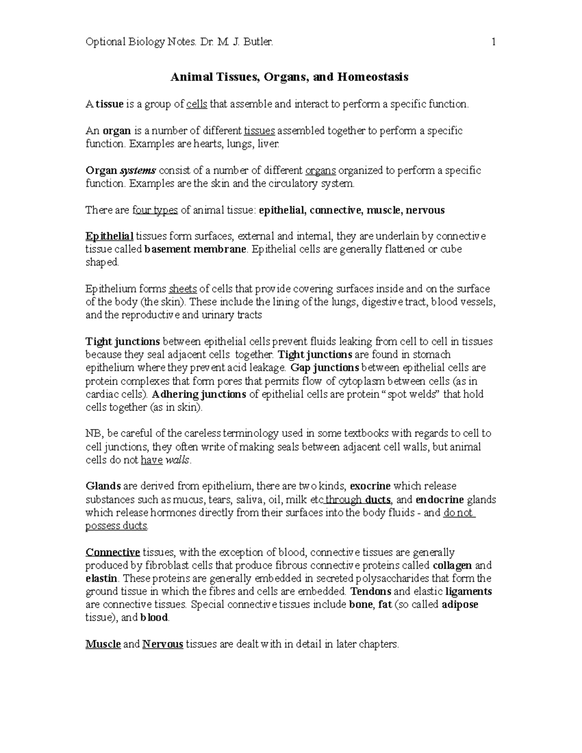 lecture notes on Tissue Organs and Homeostasis - Biology 1225 - UWO ...