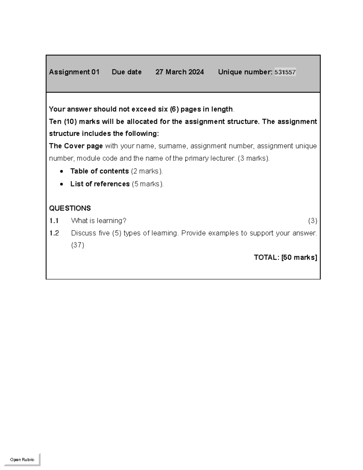 EDS3701 Assignment 01 - Notes - Assignment 01 Due date 27 March 2024 ...