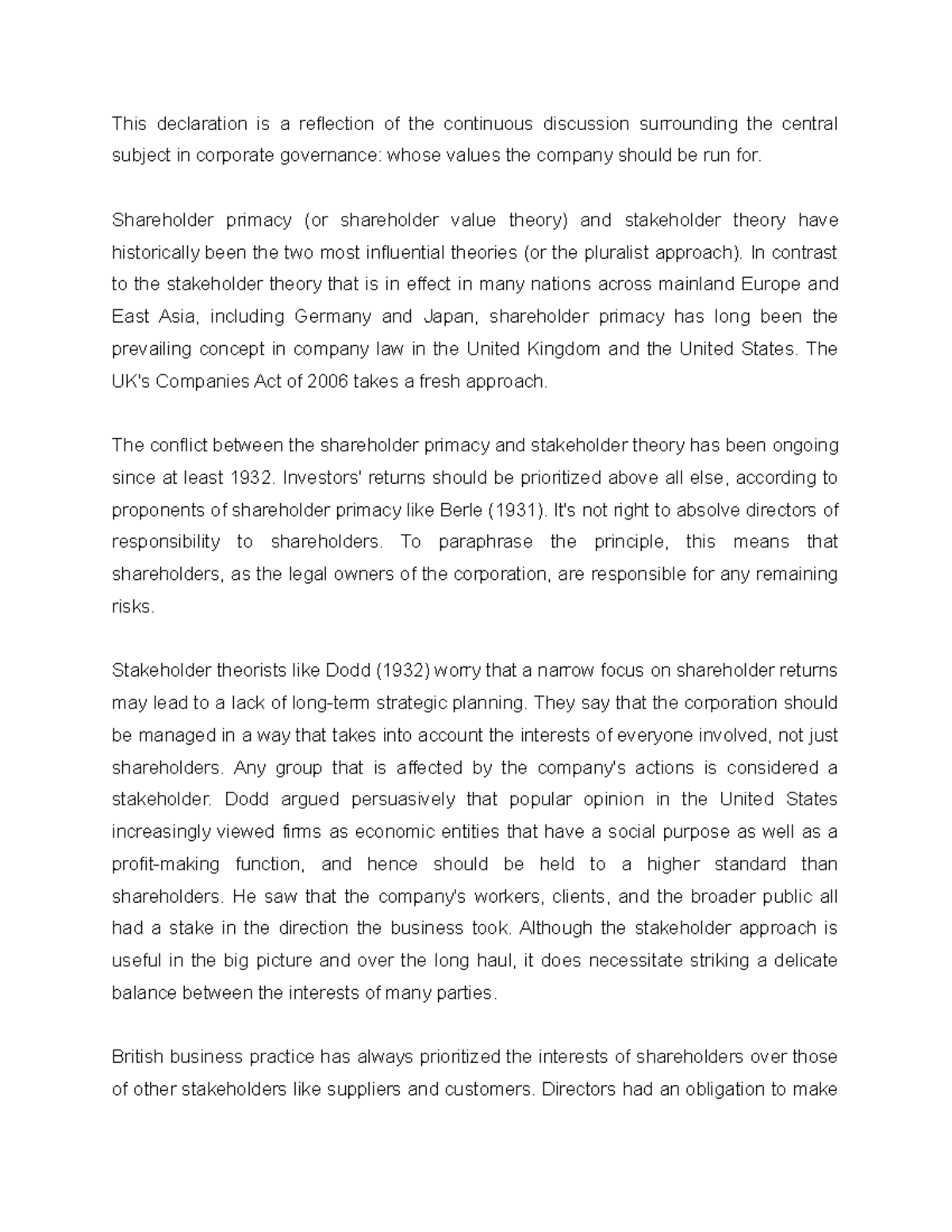 Corporate governance - Shareholder primacy (or shareholder value theory ...