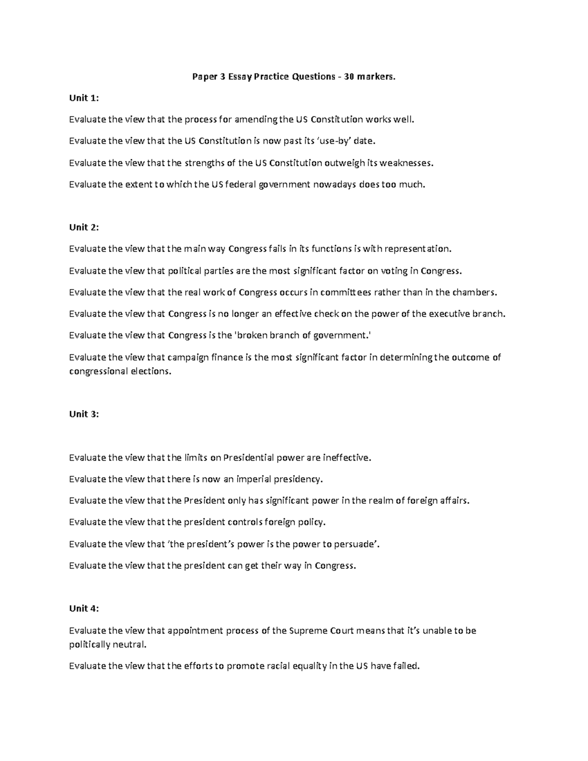 Politics Paper 3 Practice question list - Paper 3 Essay Practice ...