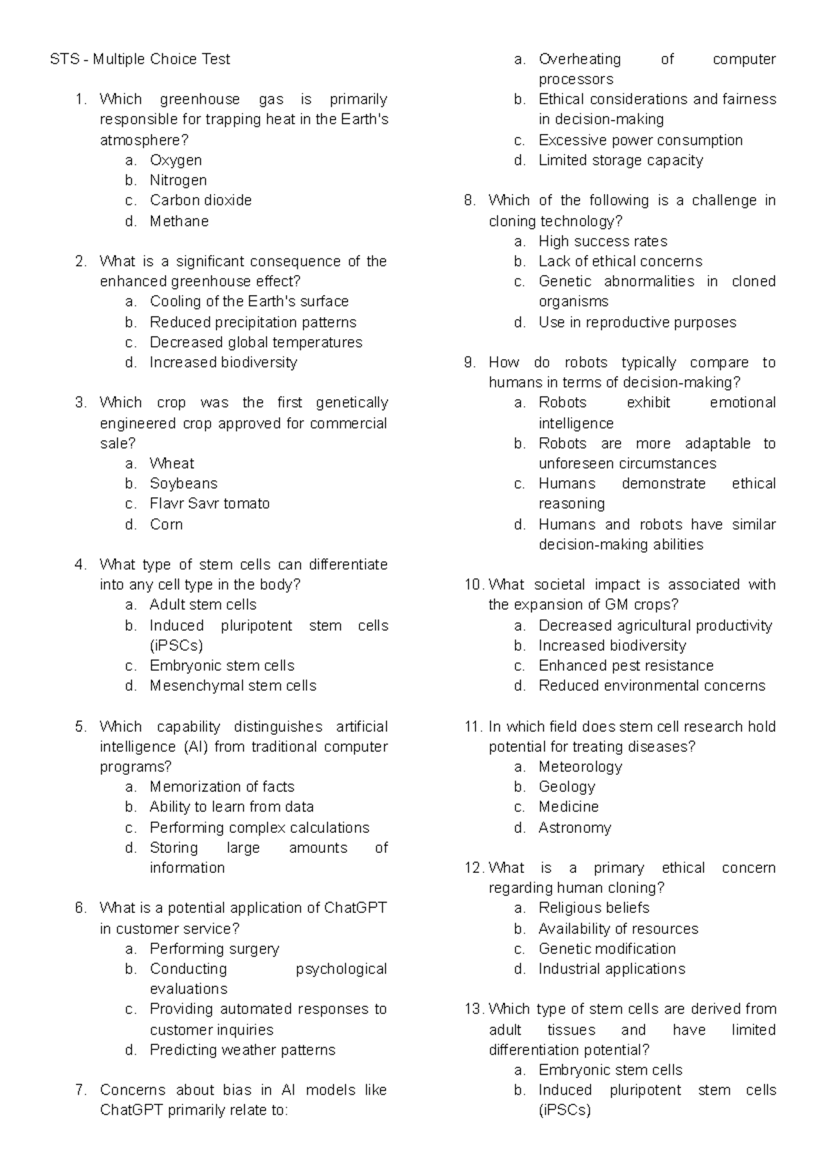 STS-Practice Test - STS Exam Test - STS - Multiple Choice Test 1. Which ...