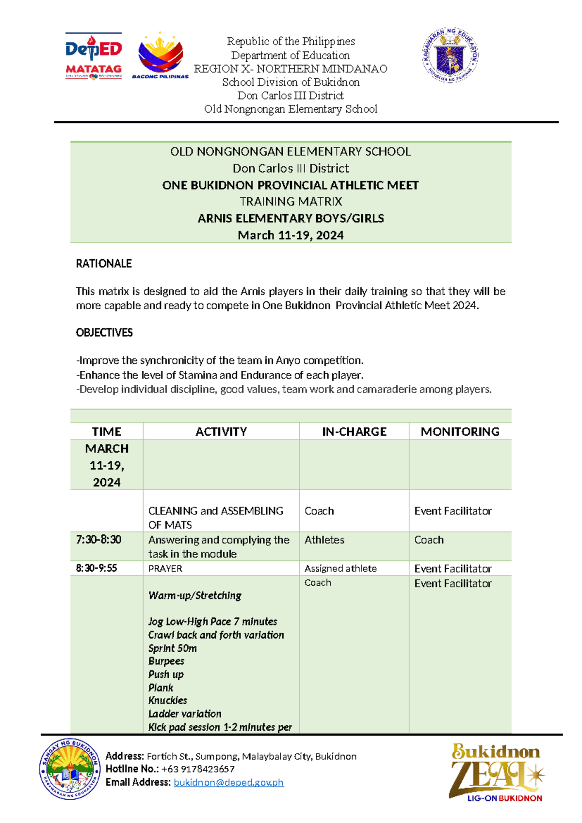 Arnis Training Matrix 2024-ONES - Department of Education REGION X ...