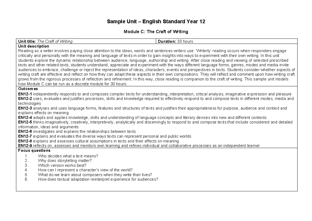 English standard stage 6 year 12 sample unit module c the craft of ...