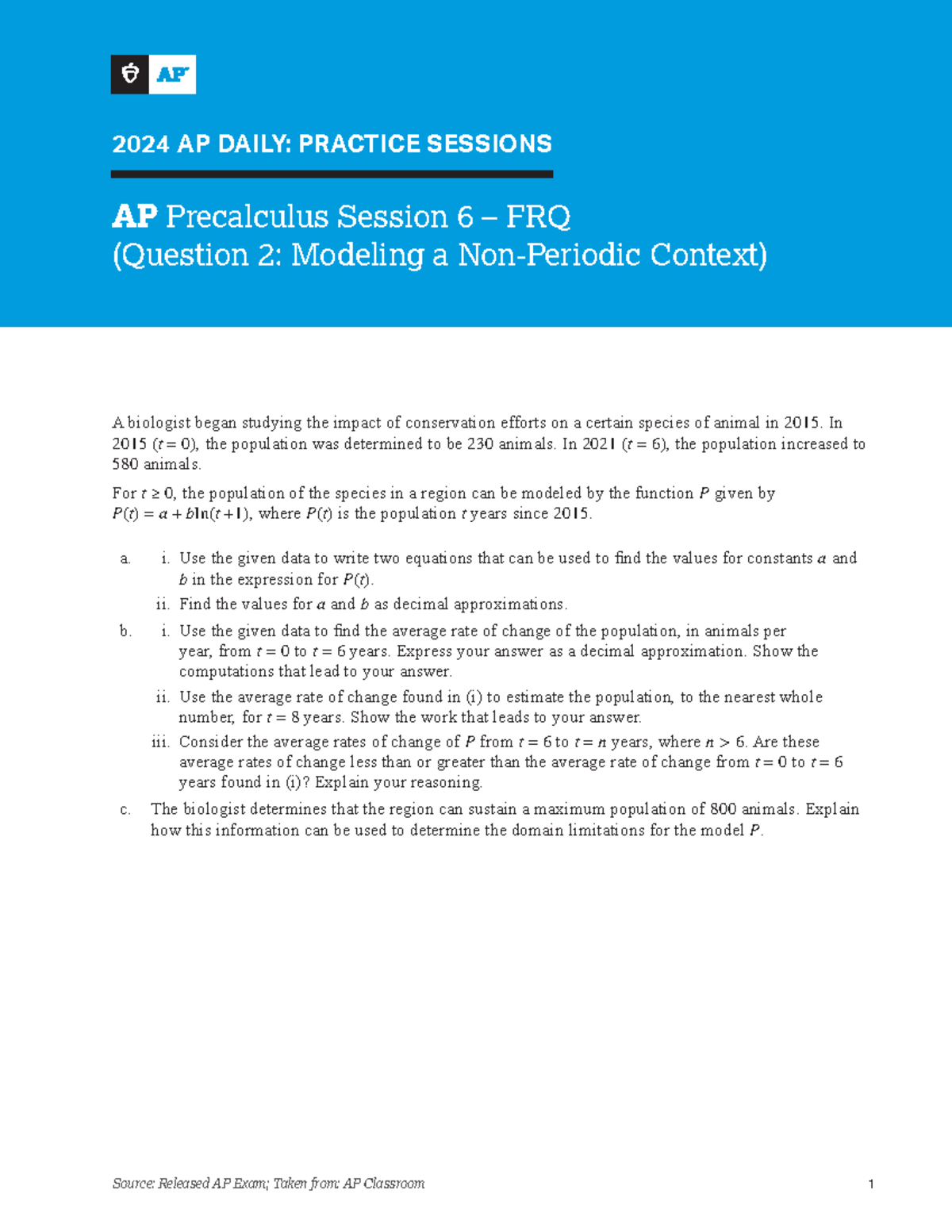 AP Precalculus Session 6 Worksheet - Source: Released AP Exam; Taken ...
