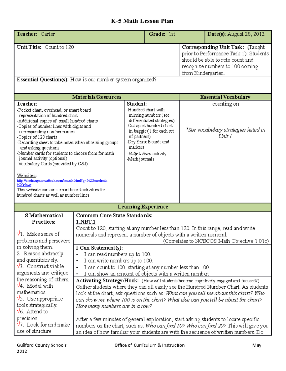 Unit1 -Lesson Plan - K-5 Math Lesson Plan Teacher: Carter Grade: 1st ...