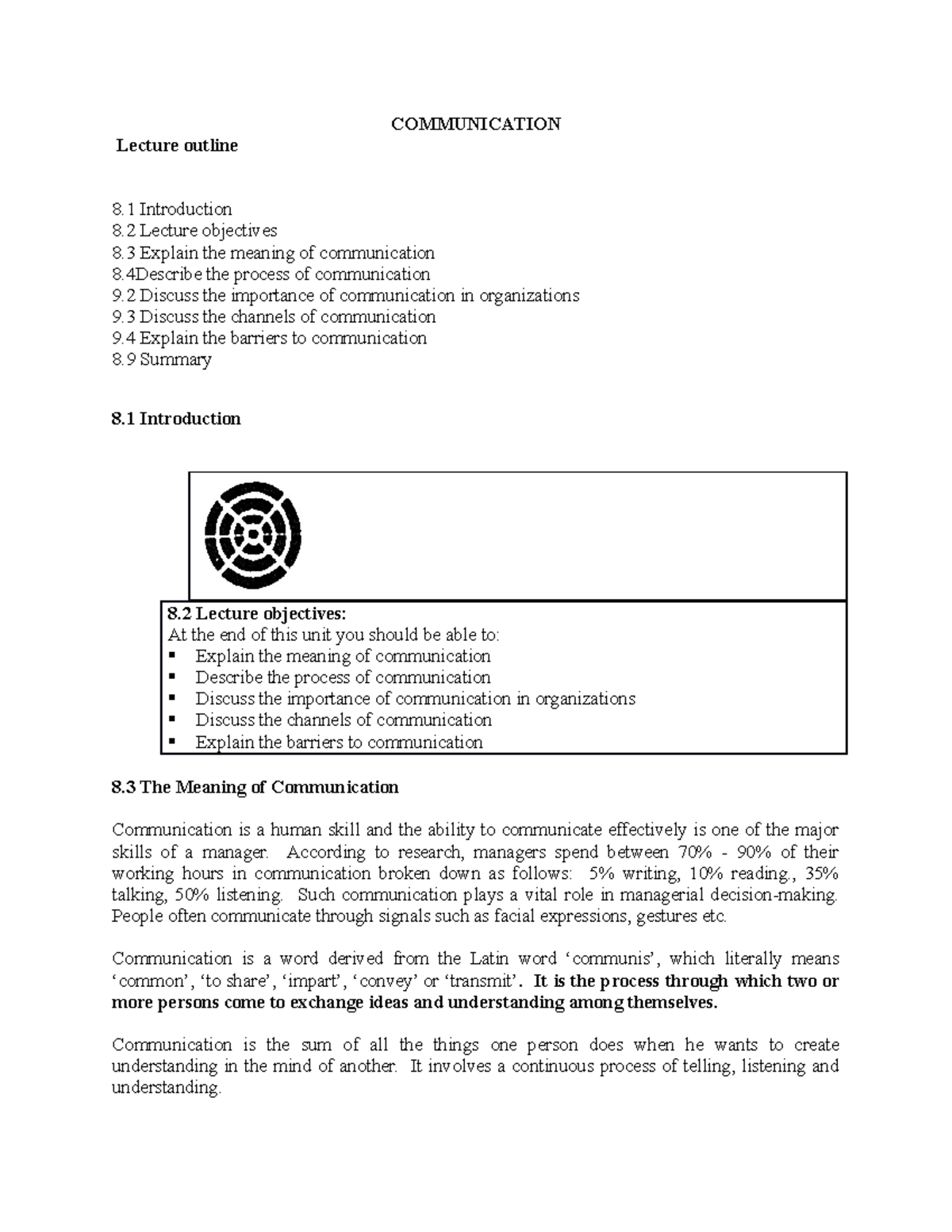 Communication - DR thuranira - COMMUNICATION Lecture outline 8 Introduction 8 Lecture objectives ...