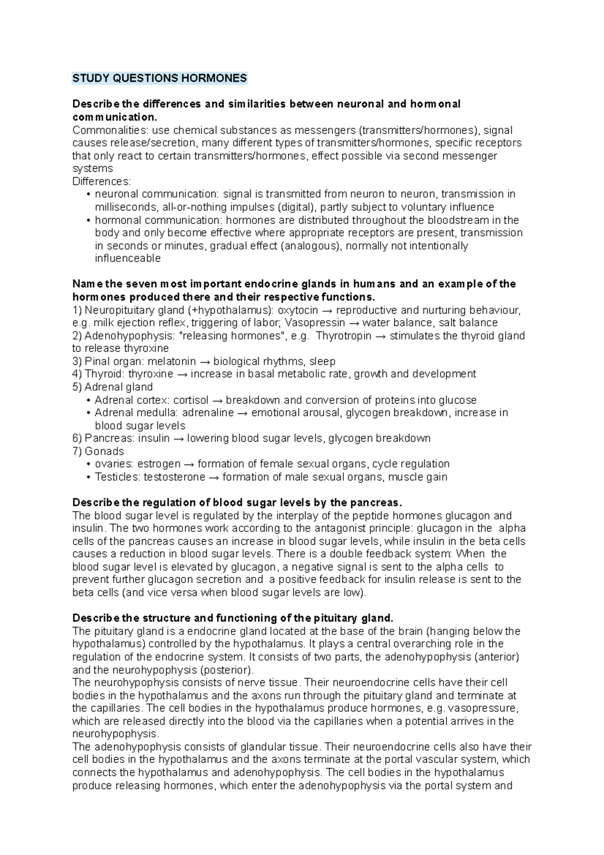 Study questions - Hormones - STUDY QUESTIONS HORMONES Describe the differences and similarities ...