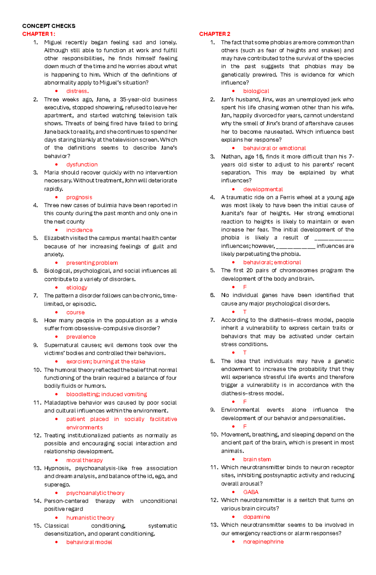 Abpsych Concept Checks 1 5 - CONCEPT CHECKS CHAPTER 1: Miguel recently began feeling sad and ...
