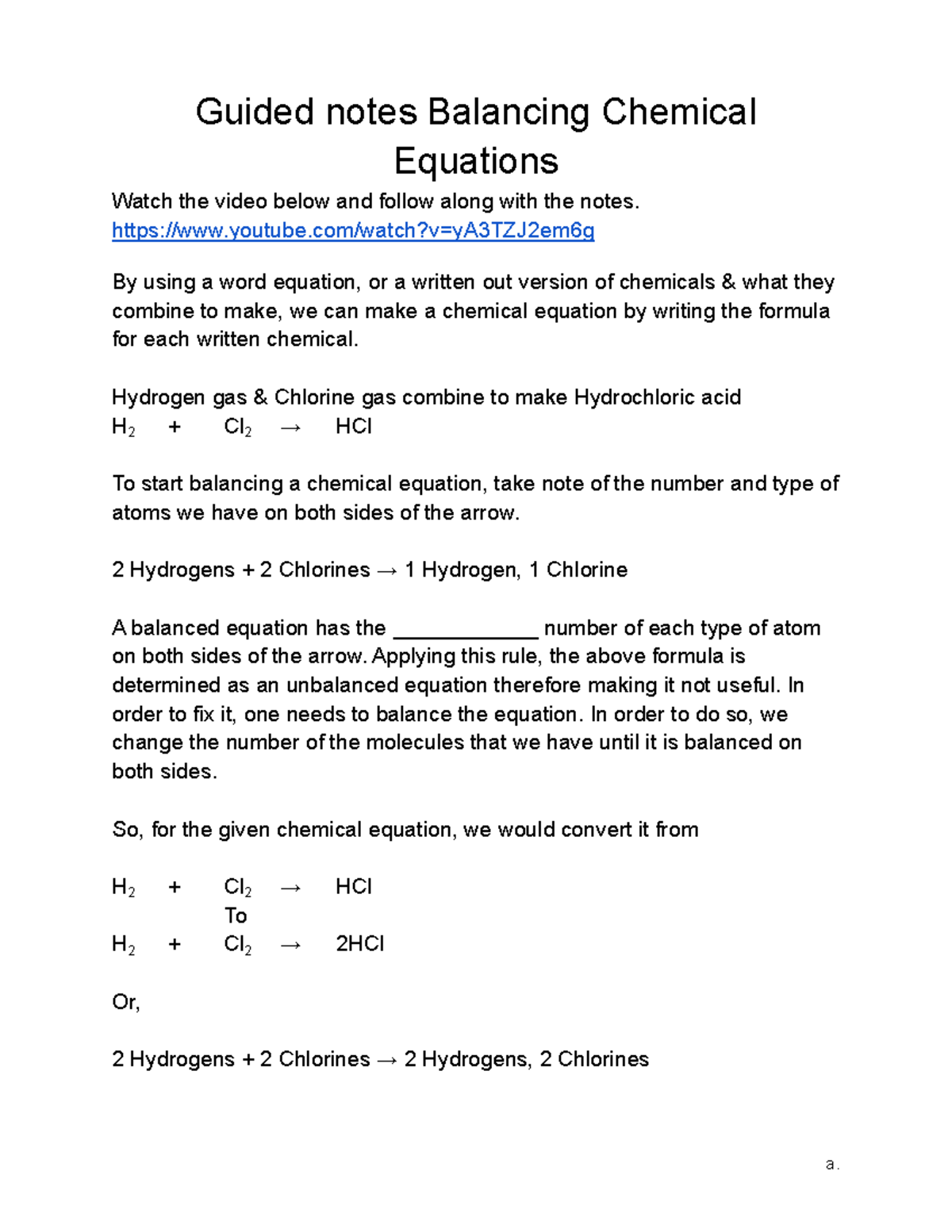 Blanks Guided notes Balancing Chemical Equations-C - Guided notes ...