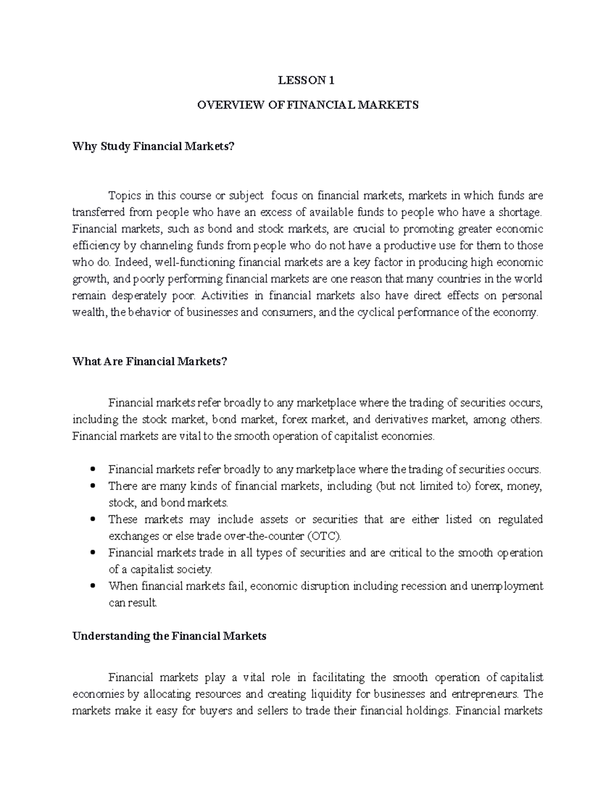Lesson 1 - Overview of Financial Markets - Accountancy - Studocu