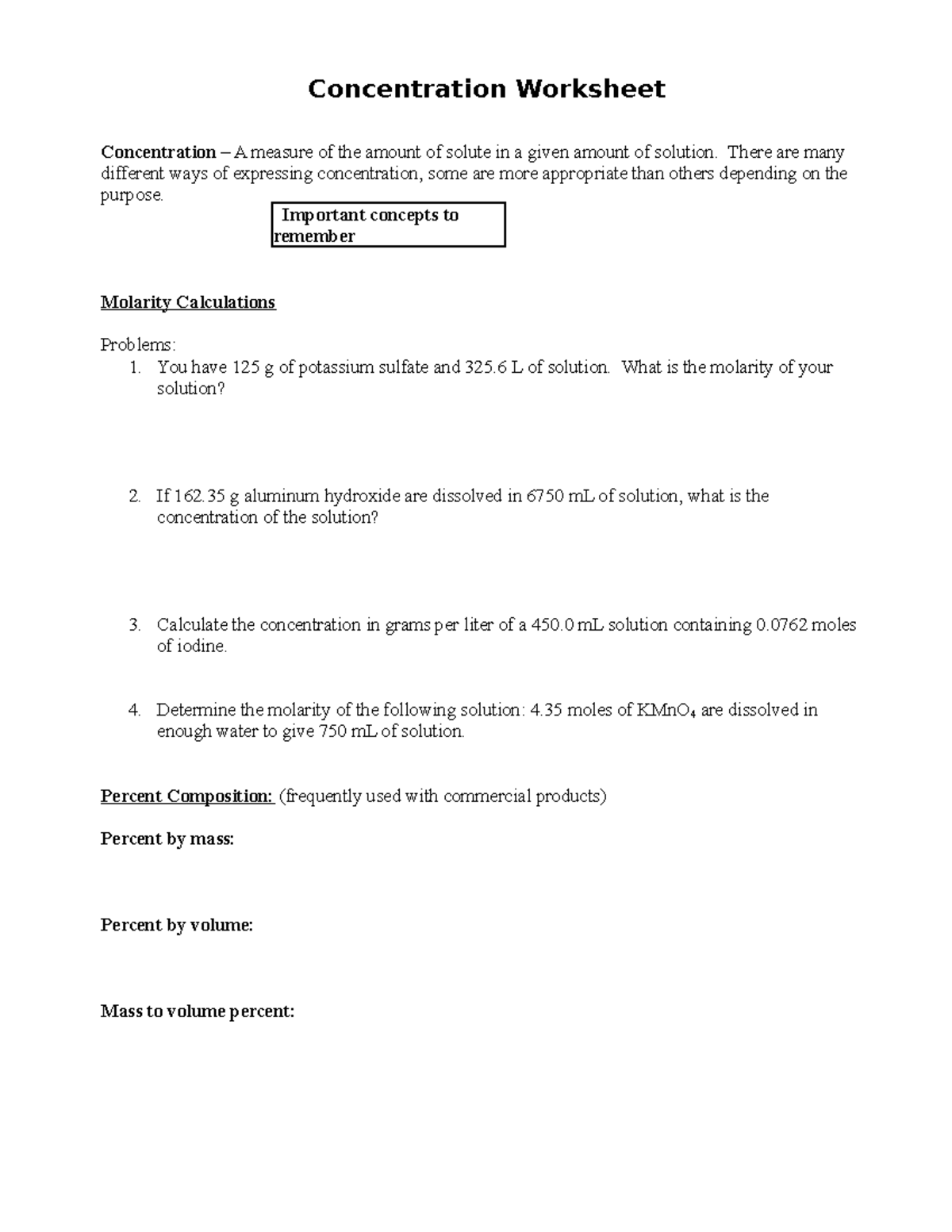 Chem121 Concentration Wrkst - Concentration Worksheet Concentration – A ...