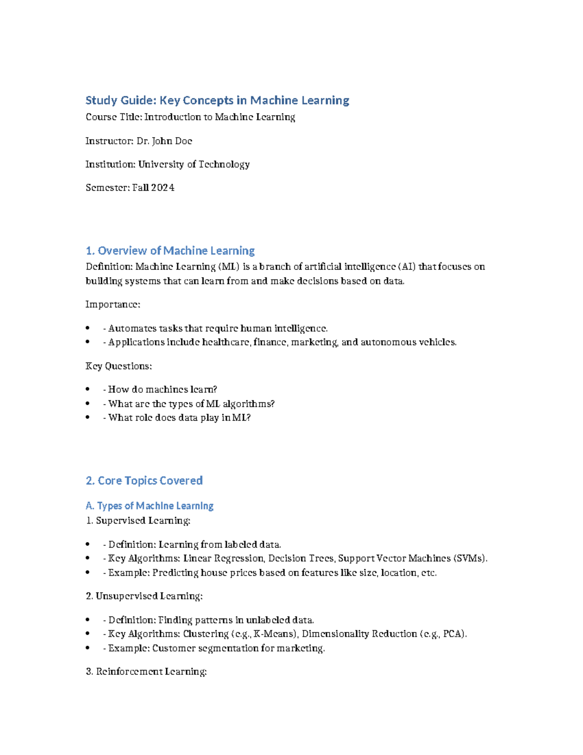 Machine Learning Study Guide - Study Guide: Key Concepts in Machine Learning Course Title: - Studocu