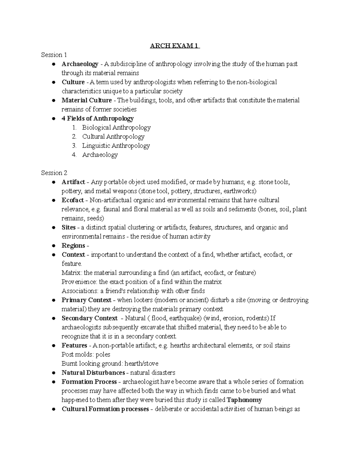 ARCH EXAM 1 - ARCH EXAM 1 Session 1 Archaeology - A subdiscipline of ...