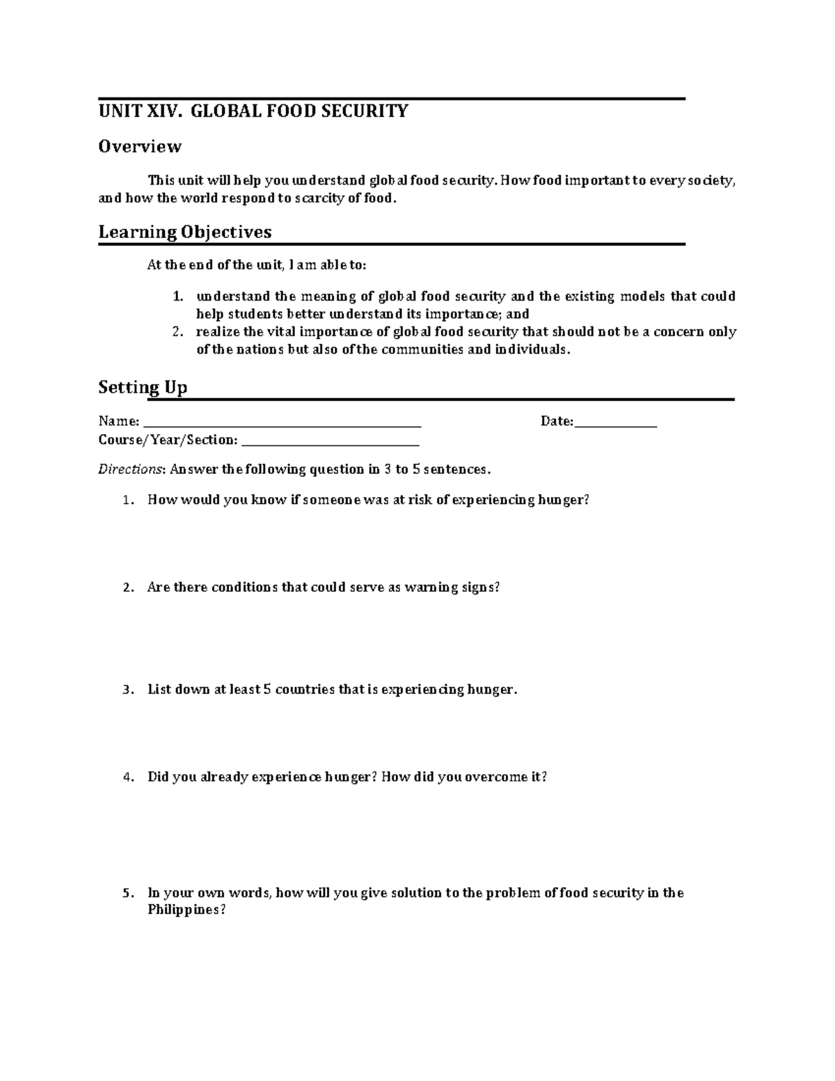 UNIT XIV Global FOOD Security - UNIT XIV. GLOBAL FOOD SECURITY Overview ...