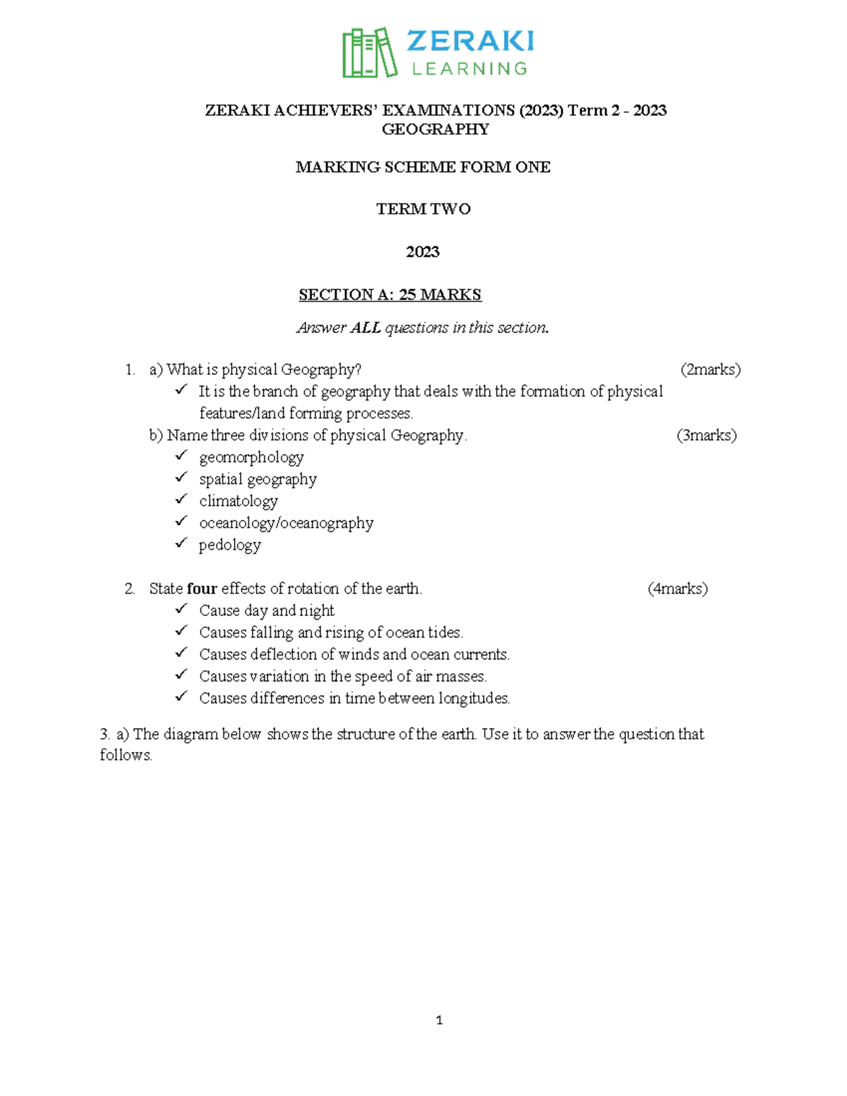 Geography - Geography Form 1 - Marking Scheme - ZERAKI ACHIEVERS ...