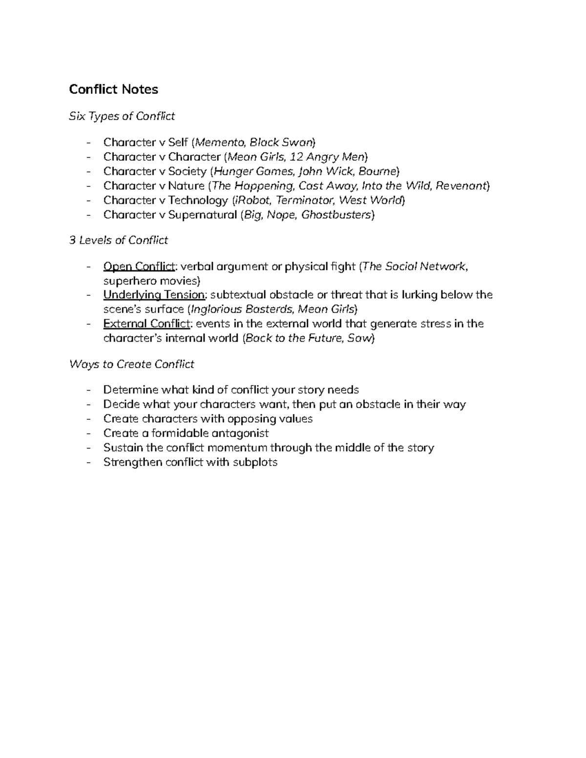 Conflict Notes - Conflict Notes Six Types of Conflict Character v Self ...