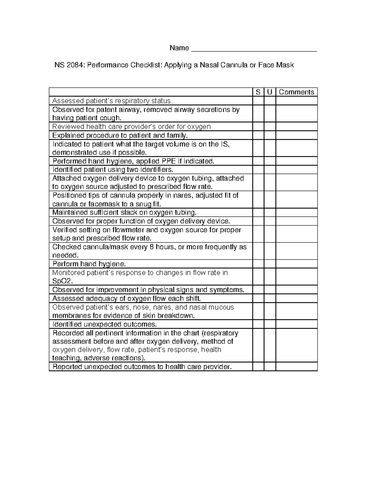 Checklist Nasal Cannula, Mask - Name _______________________________ NS ...