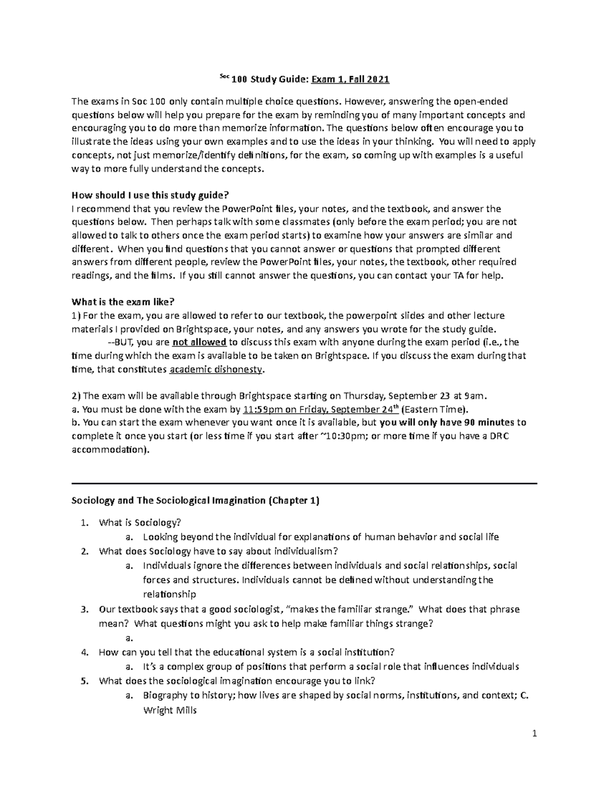 Fall21 study guide exam 1 - Soc 100 Study Guide: Exam 1, Fall 2021 The ...