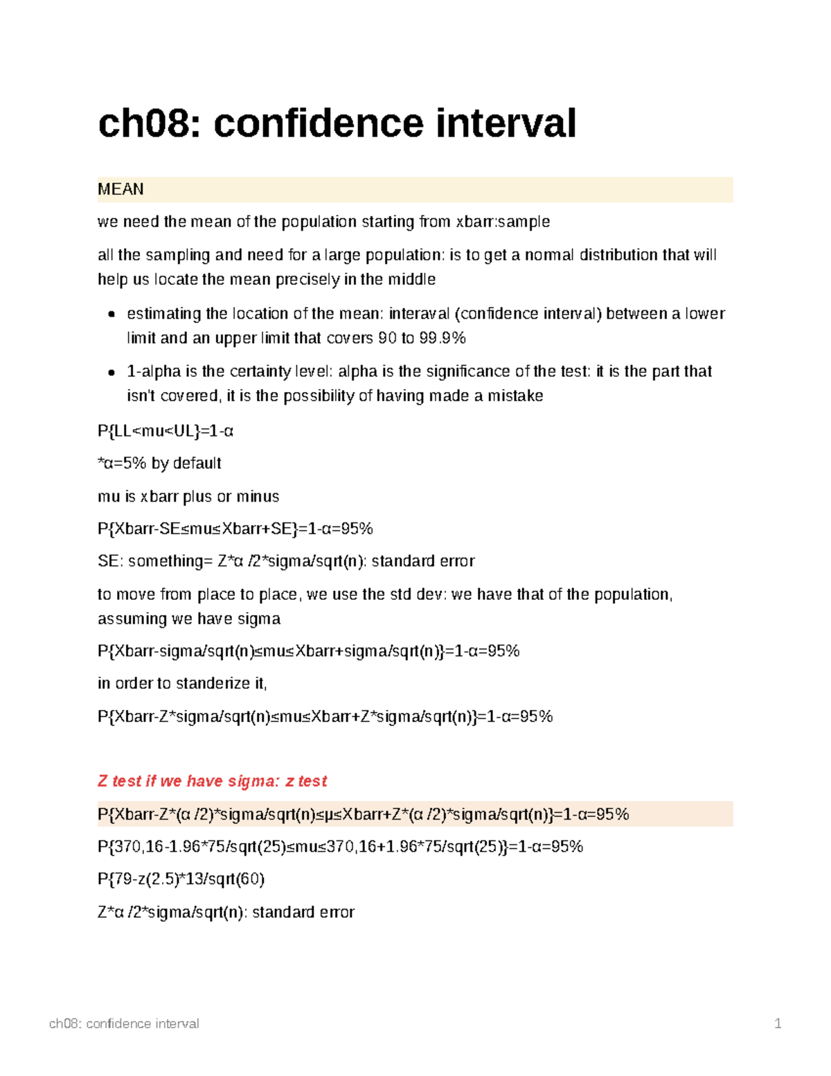 Ch08 confidence interval - ch08: confidence interval MEAN we need the mean of the population ...