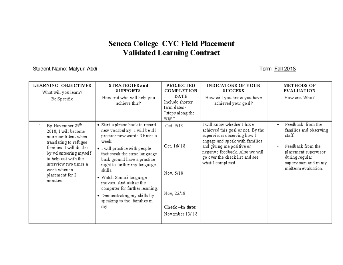 Malyun Learning Contract - Seneca College CYC Field Placement Validated ...