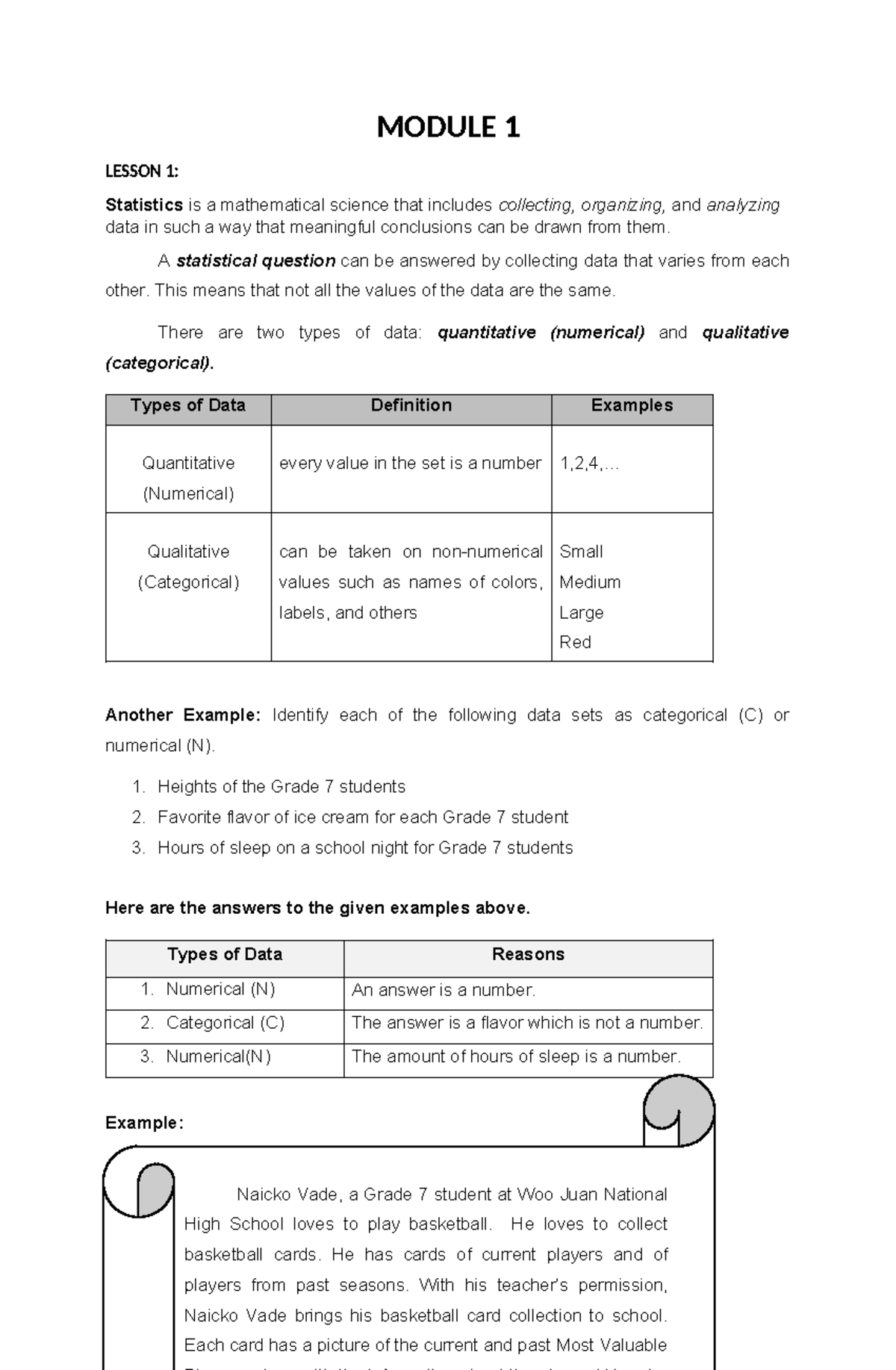 Module 4TH Monthly EXAM Coverage - MODULE 1 LESSON 1: Statistics is a ...