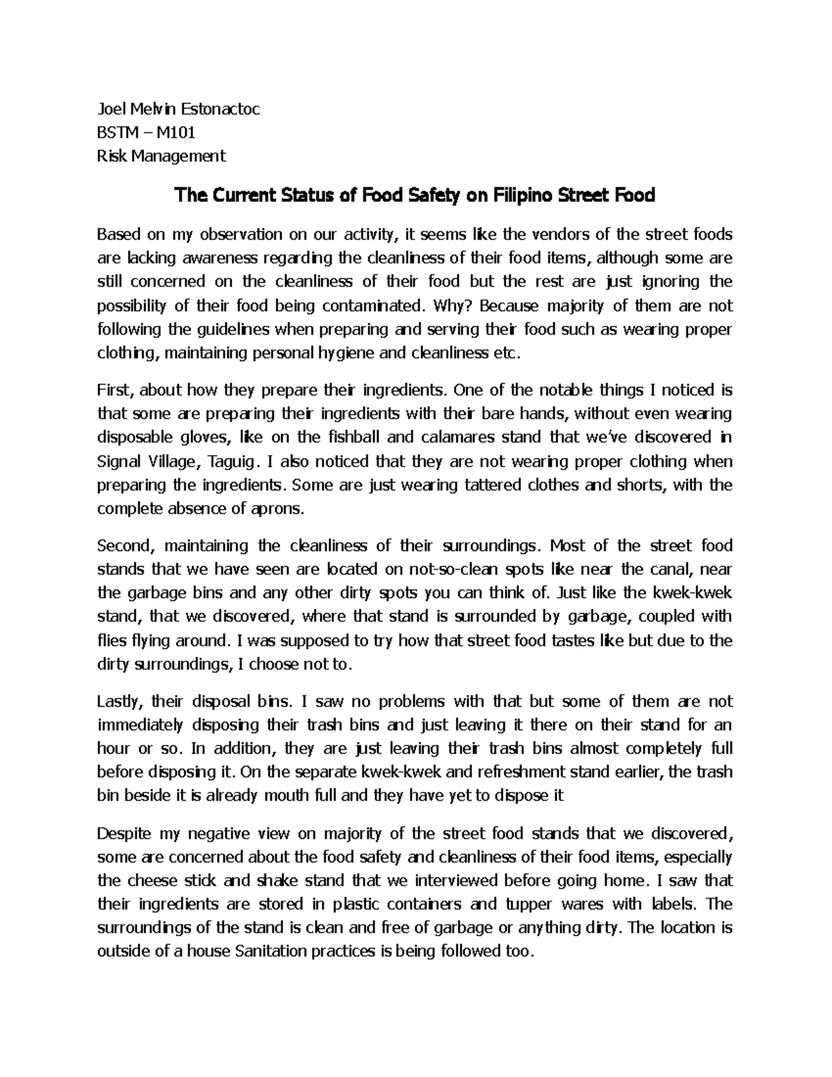 The Current Status of Food Safety on Filipino Street Food - Risk ...