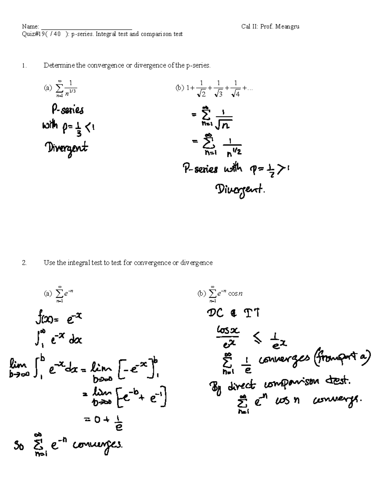 Quiz#19 Integral test - Take home Quiz - Name ...