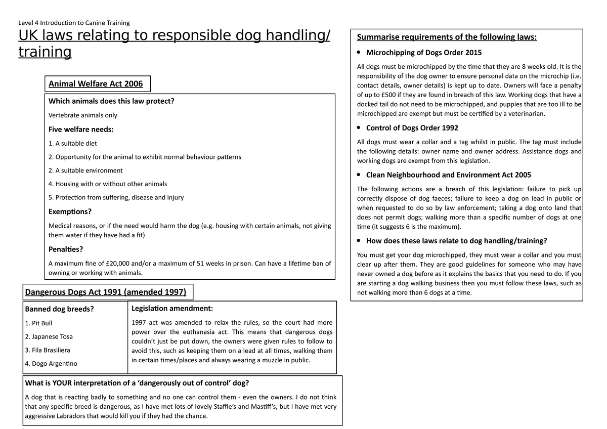 Worksheet UK Laws Relating To Responsible Dog Handling Level 4