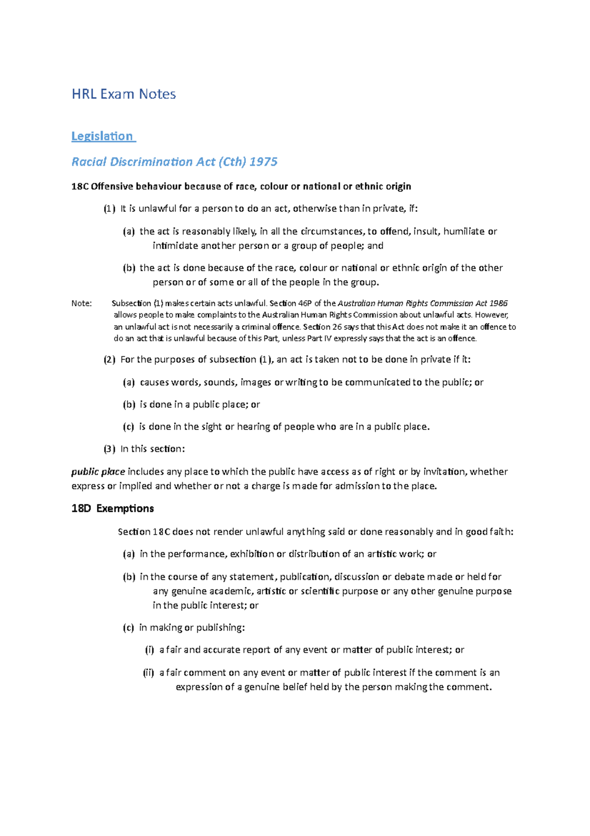 HRL Exam Notes - HRL Exam Notes Legislation Racial Discrimination Act ...