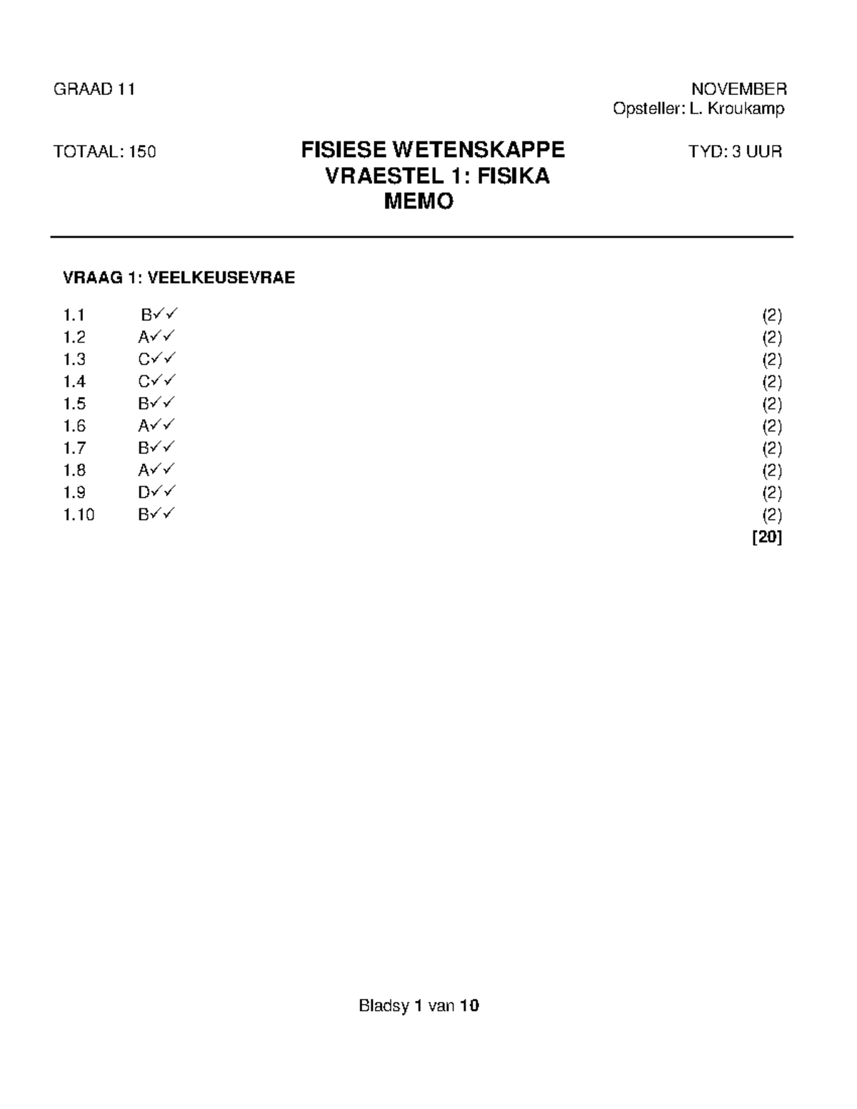 Fisika-memo graad 11 Luize Kroukamp Desember - GRAAD 11 NOVEMBER ...