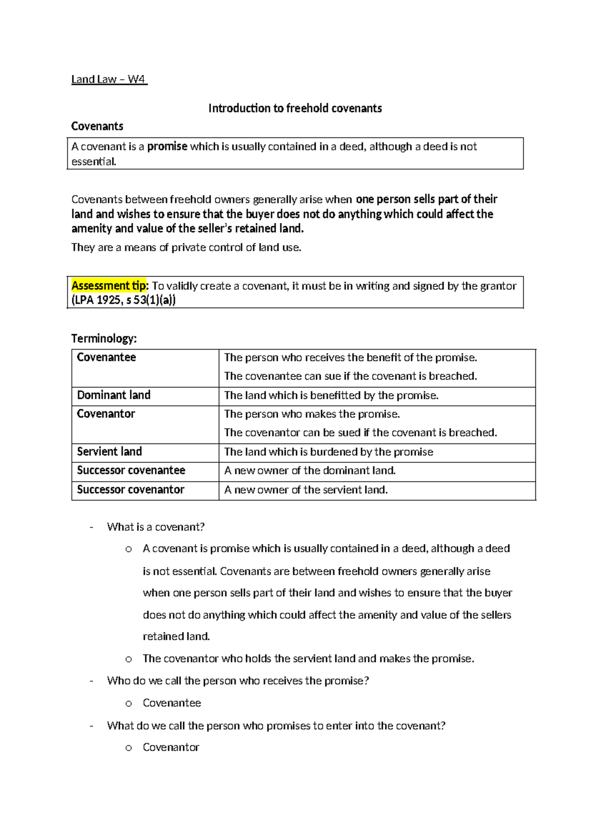 Land Law - W4 - land law w4 notes - Land Law – W Introduction to ...