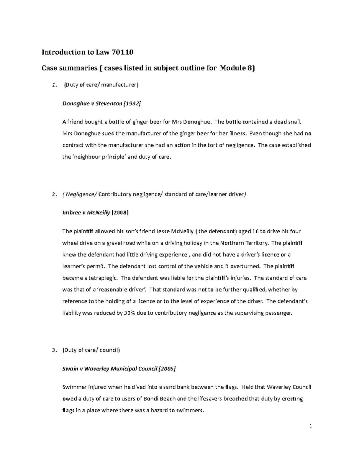 Module 8 case summaries ( subject outline)-1 - Introduction to Law 70110 Case summaries ( cases ...