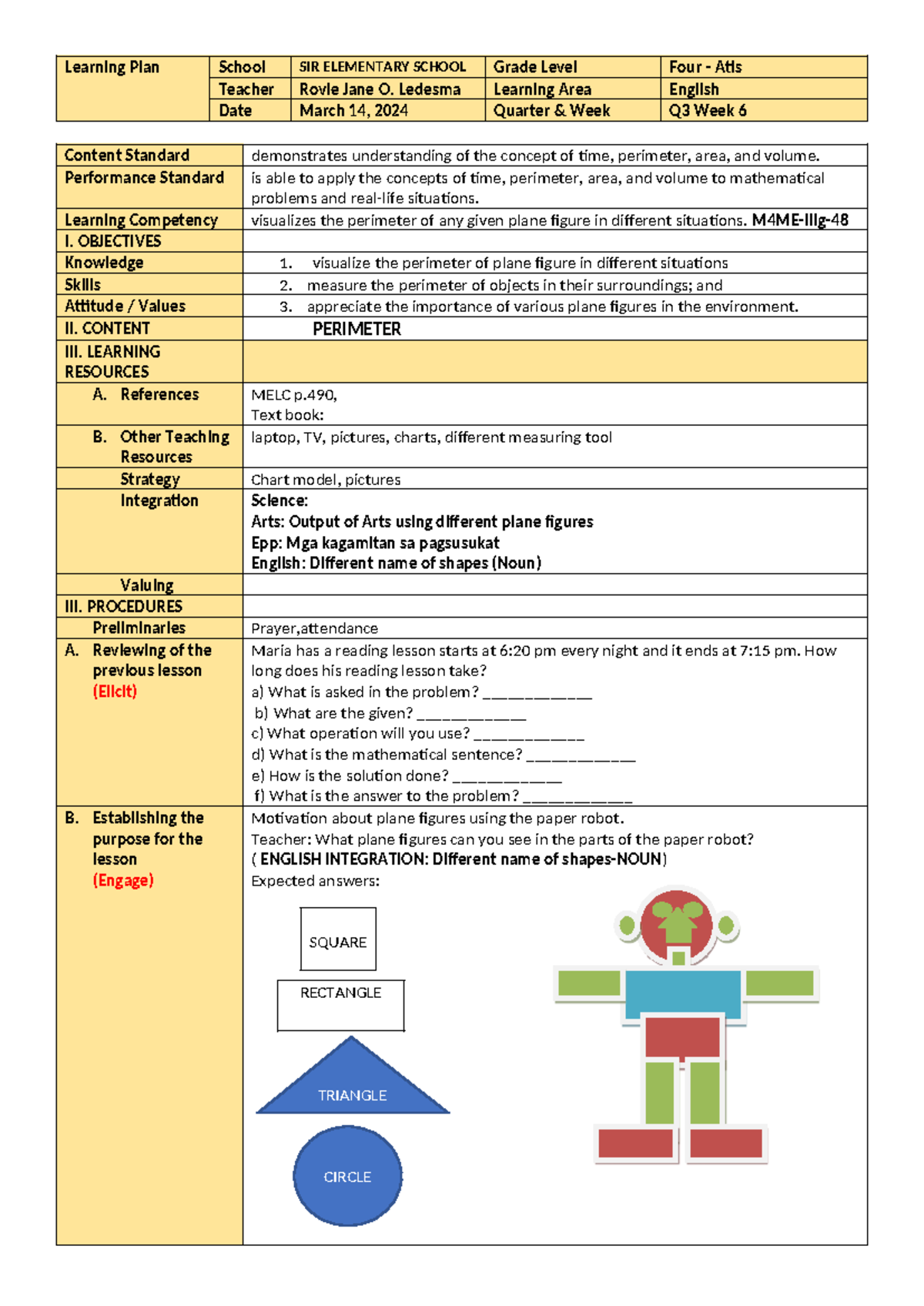 LP in Math - lesson plan - Learning Plan School SIR ELEMENTARY SCHOOL ...