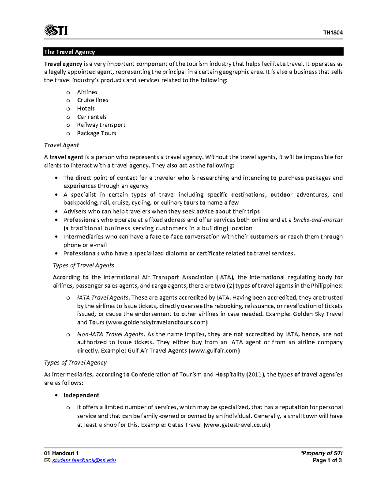 Tourism management - 01 Handout 1 *Property of STI The Travel Agency ...