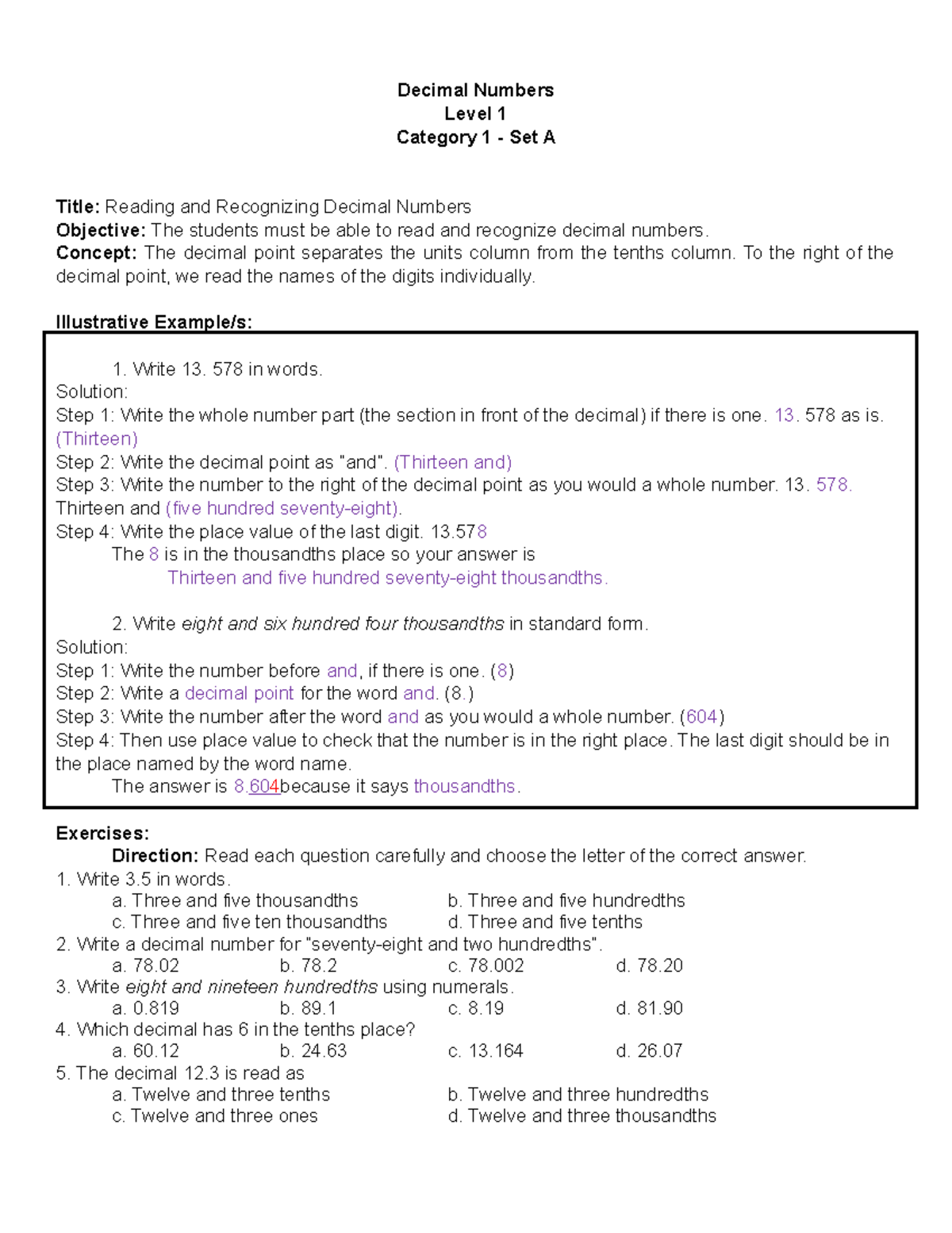 Level 1 - Decimal - Helpful - Decimal Numbers Level 1 Category 1 - Set ...
