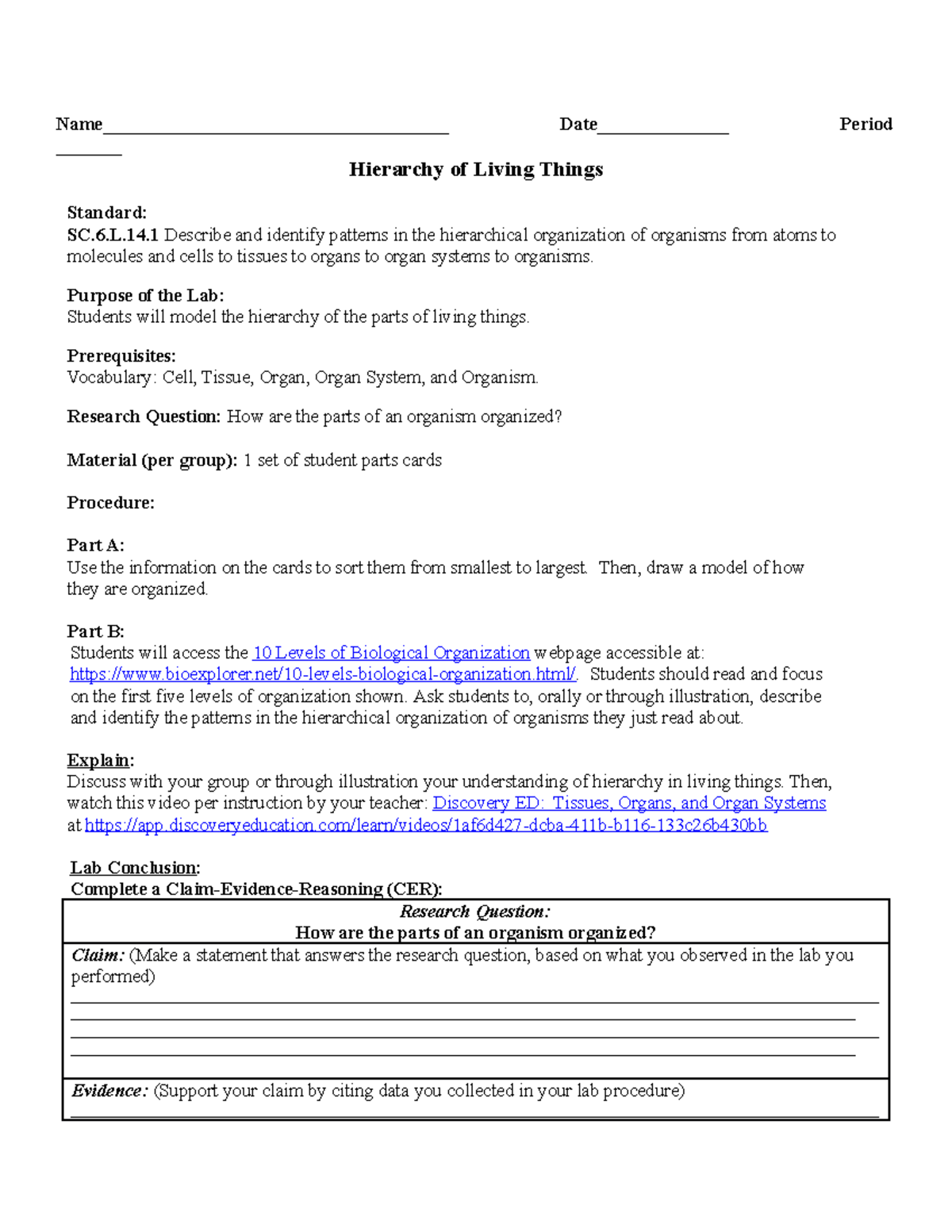 Hierarchy of Living Things - Name ...