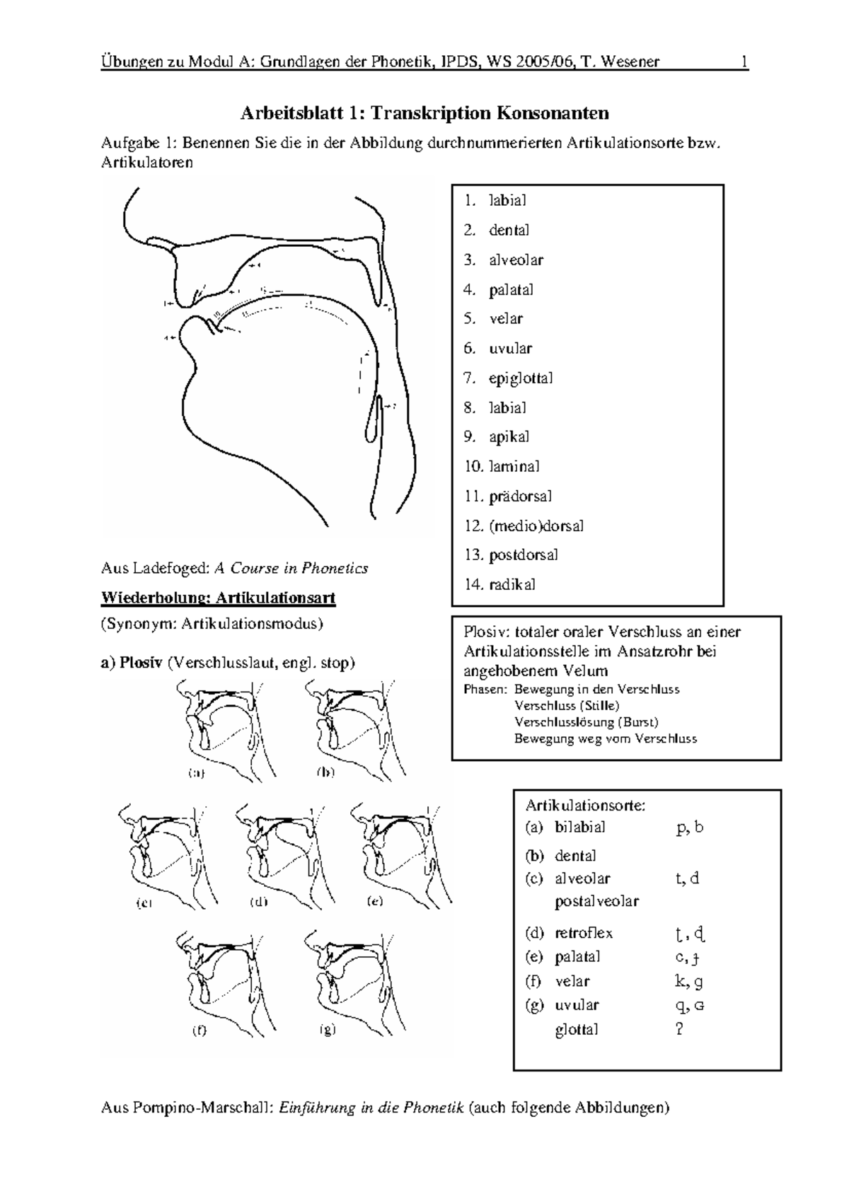 Uebung ab1 loes - Arbeitsblatt 1: Transkription Konsonanten Aufgabe 1: Benennen Sie die in der ...