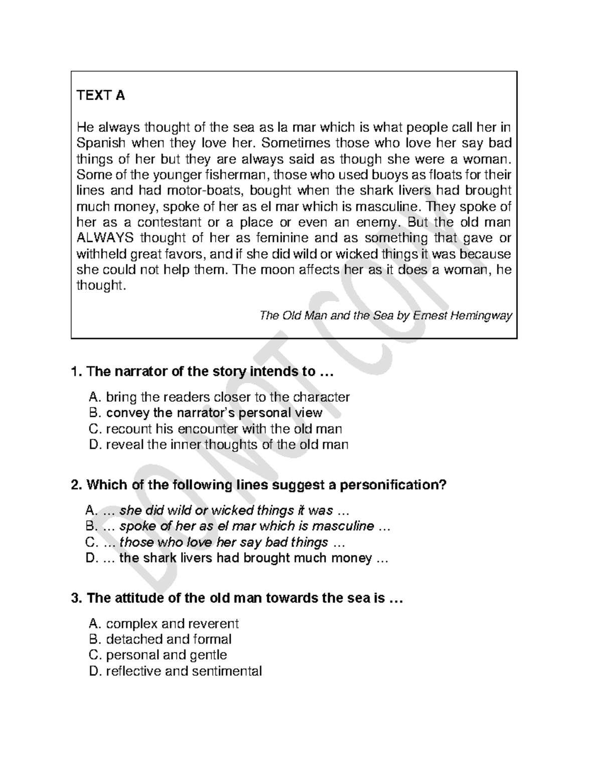 Grade-7 questionnaire - TEXT A He always thought of the sea as la mar ...