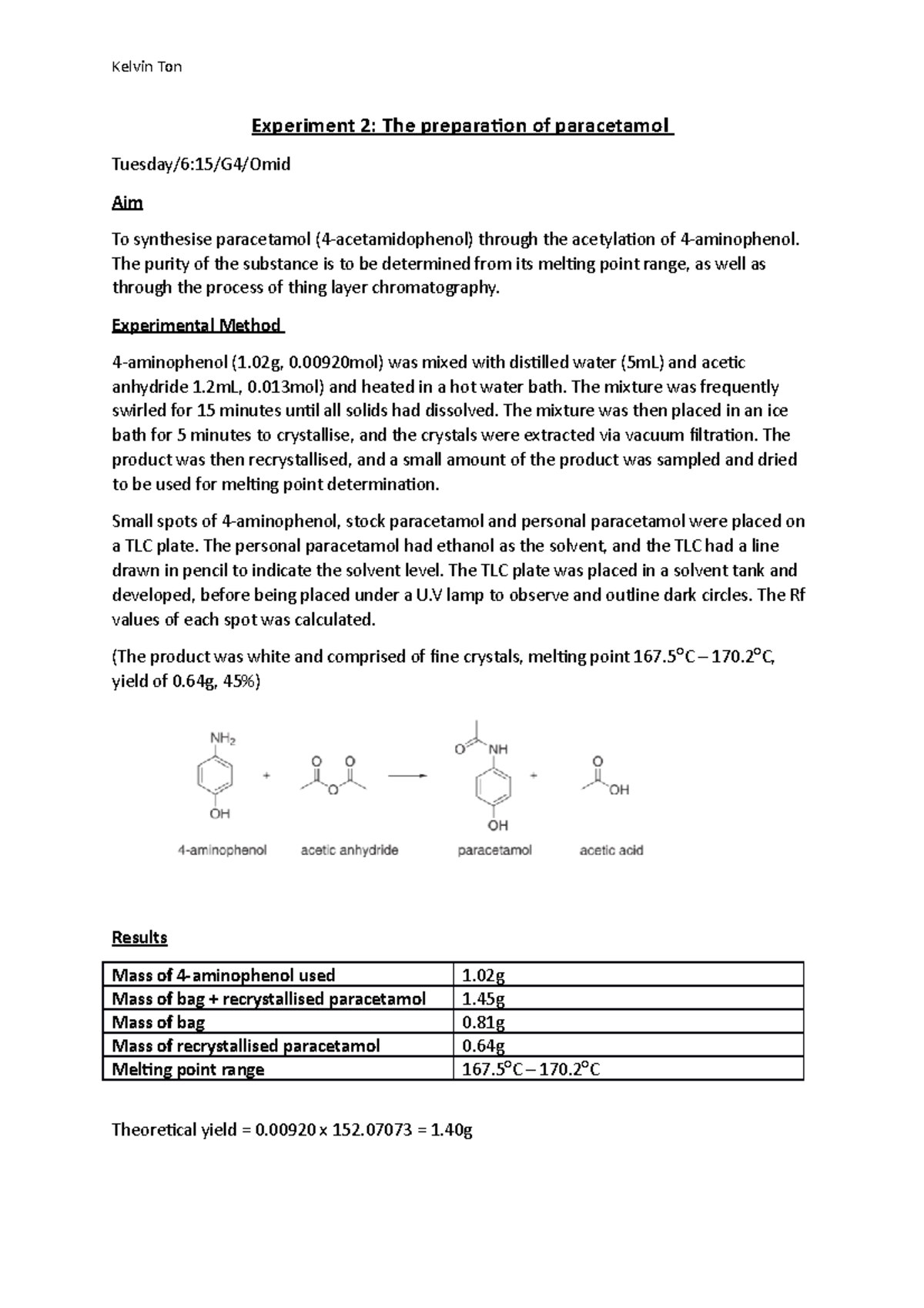 CHEM10003 E2 The Preparation of Paracetamol - Kelvin Ton Experiment 2 ...