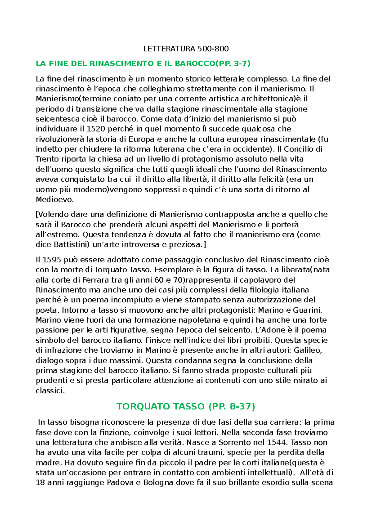 500-800' esame - Riassunto Letteratura Italiana, Da Tasso a fine Ottocento. Manuale per studi ...