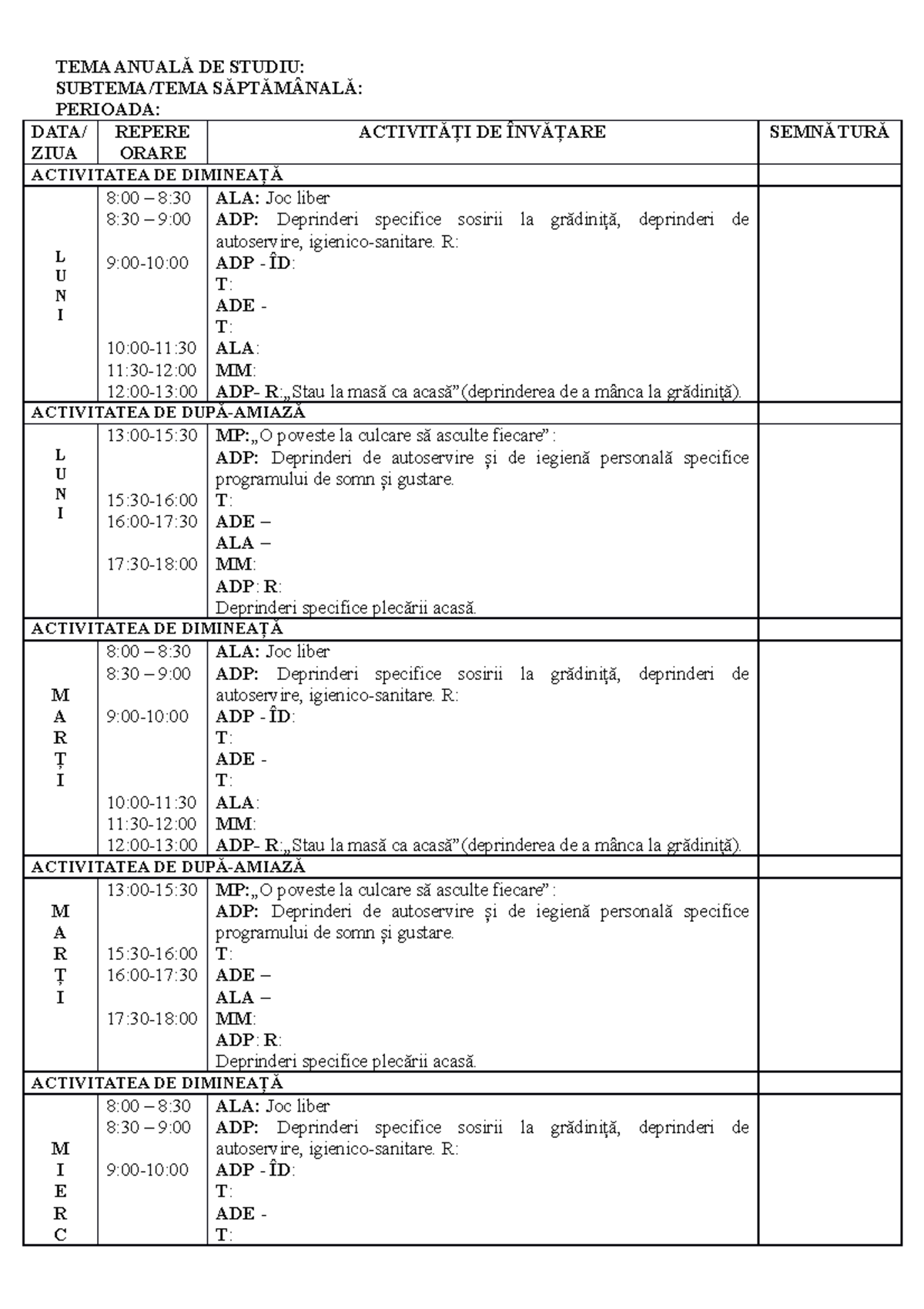 Tabel planificare săptămânală - TEMA ANUALĂ DE STUDIU: SUBTEMA/TEMA SĂPTĂMÂNALĂ: PERIOADA: DATA ...
