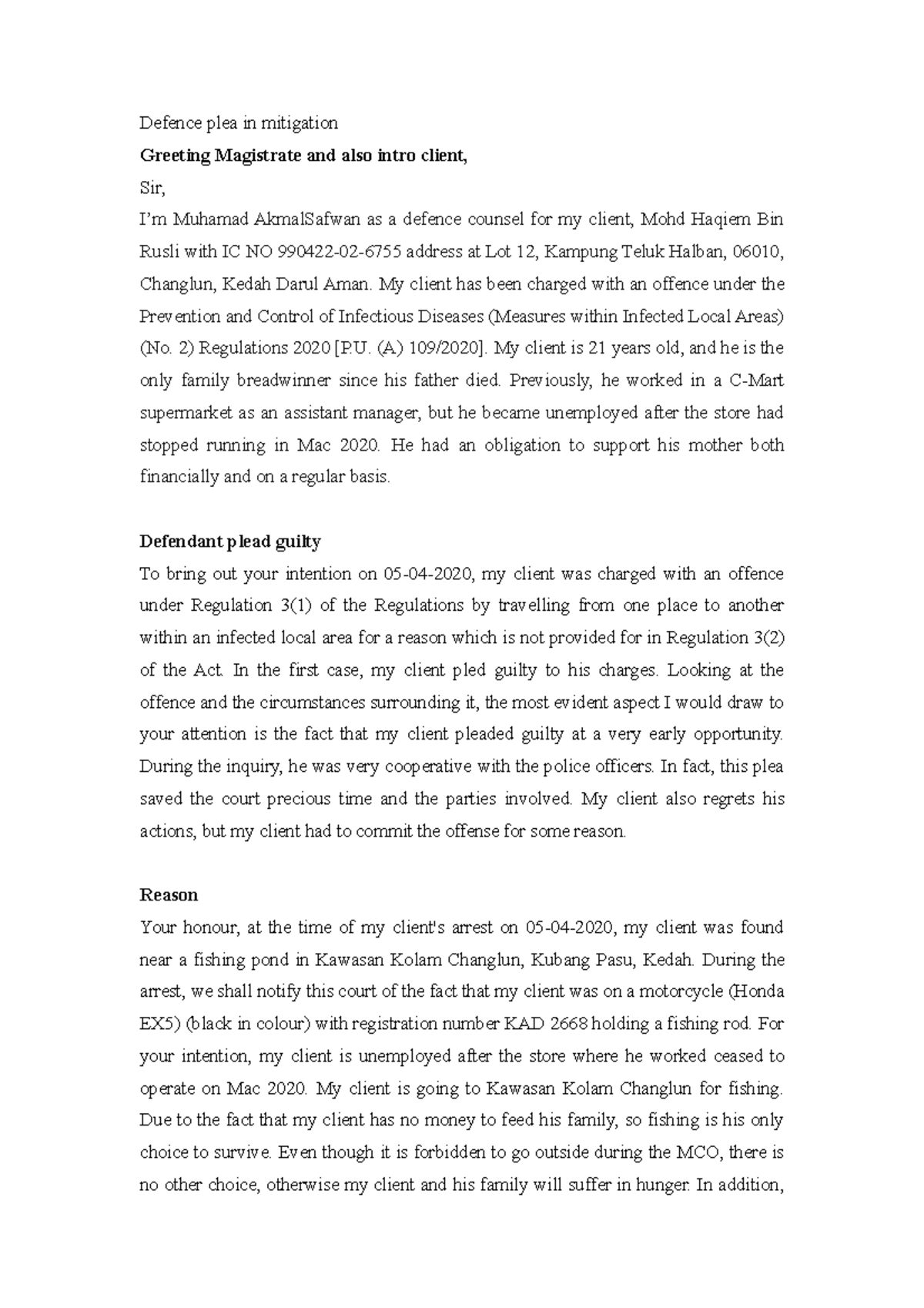 Script for CPC 2 - mitigation - Defence plea in mitigation Greeting ...