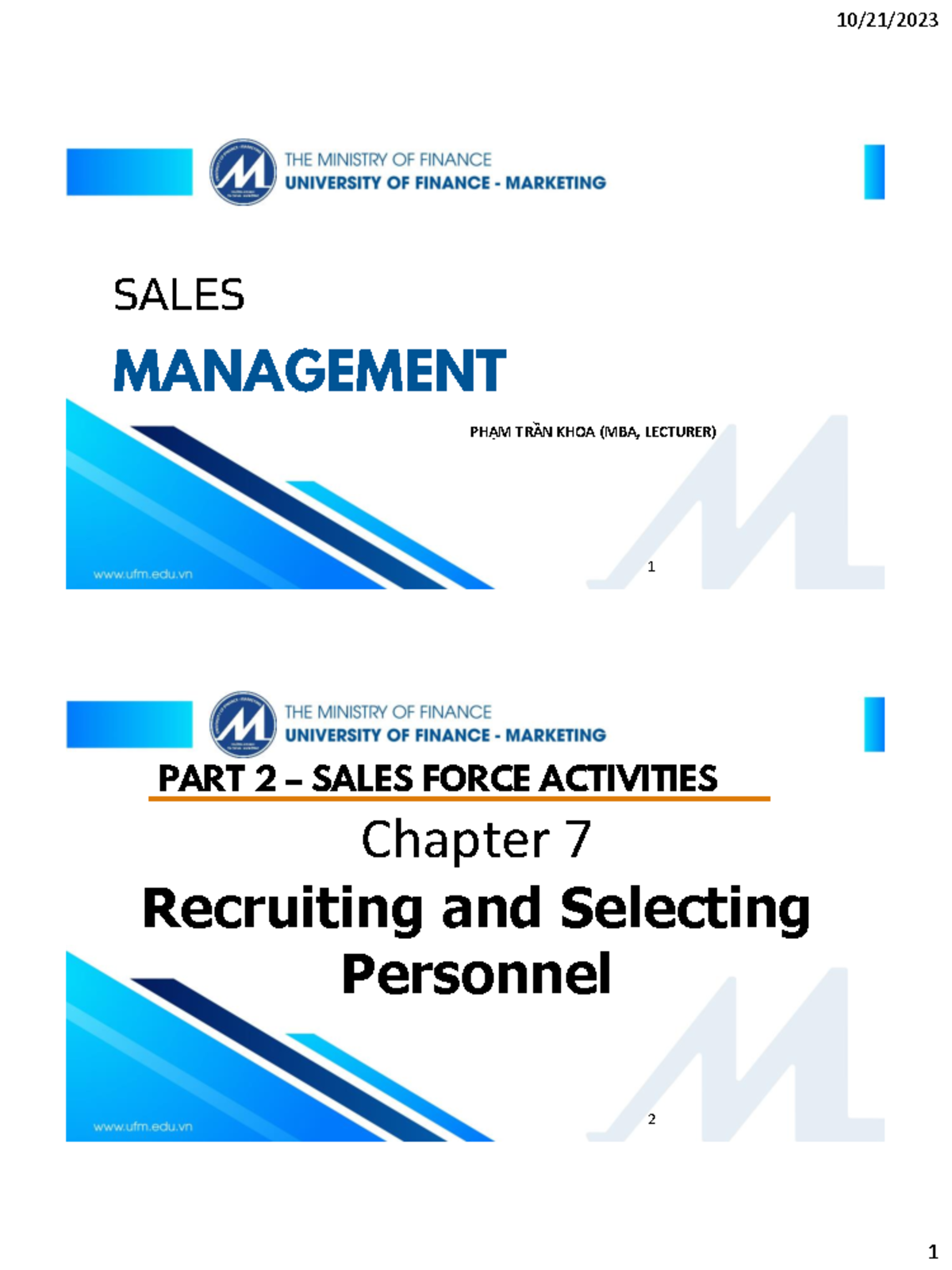 Chapter 7 - sales management course - 1 MANAGEMENT SALES PHẠM TRẦN KHOA ...