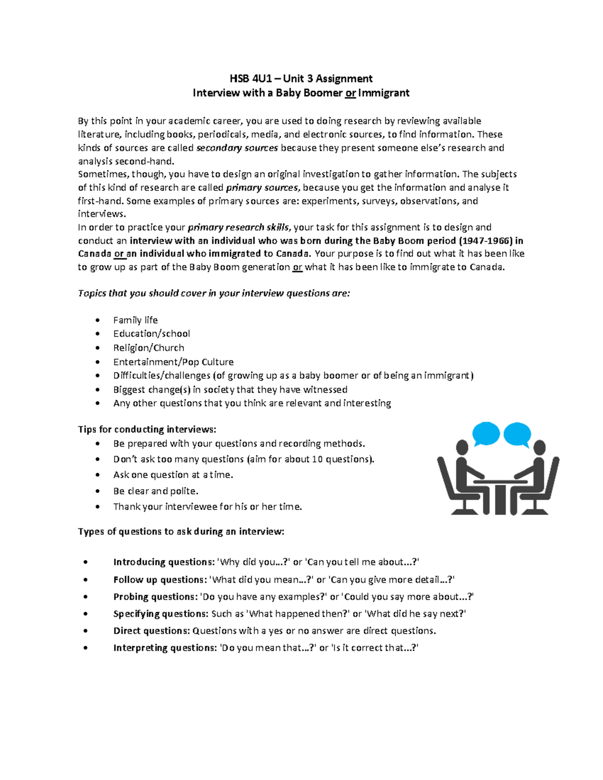 Baby Boomer Immigrant Interview Assignment - HSB 4U 1 – Unit 3 ...