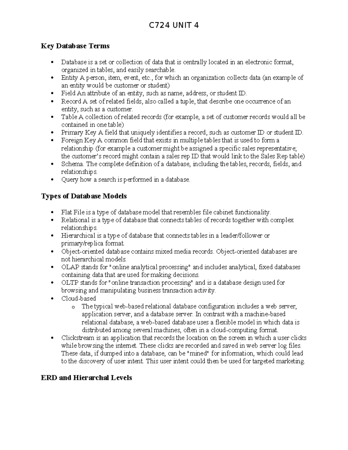 C724 Unit 4 Notes For Unit 4 Key Database Terms Database Is A Set Or Collection Of Data That 3049