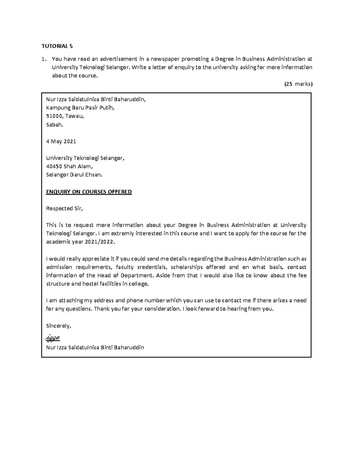 Tutorial 5 Business Letters - TUTORIAL 5 You have read an advertisement ...