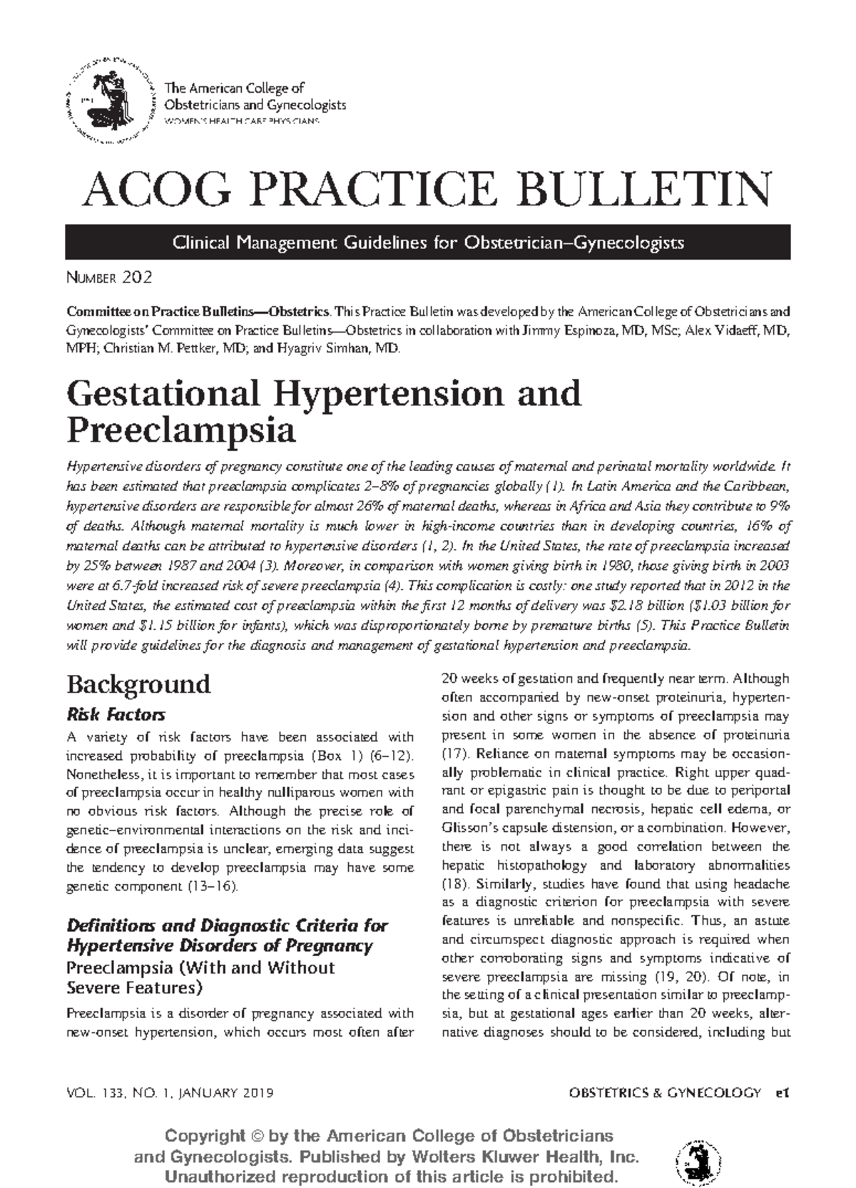 ACOG Practice Bulletin 202 Gestational Hypertension and Preeclampsia ...